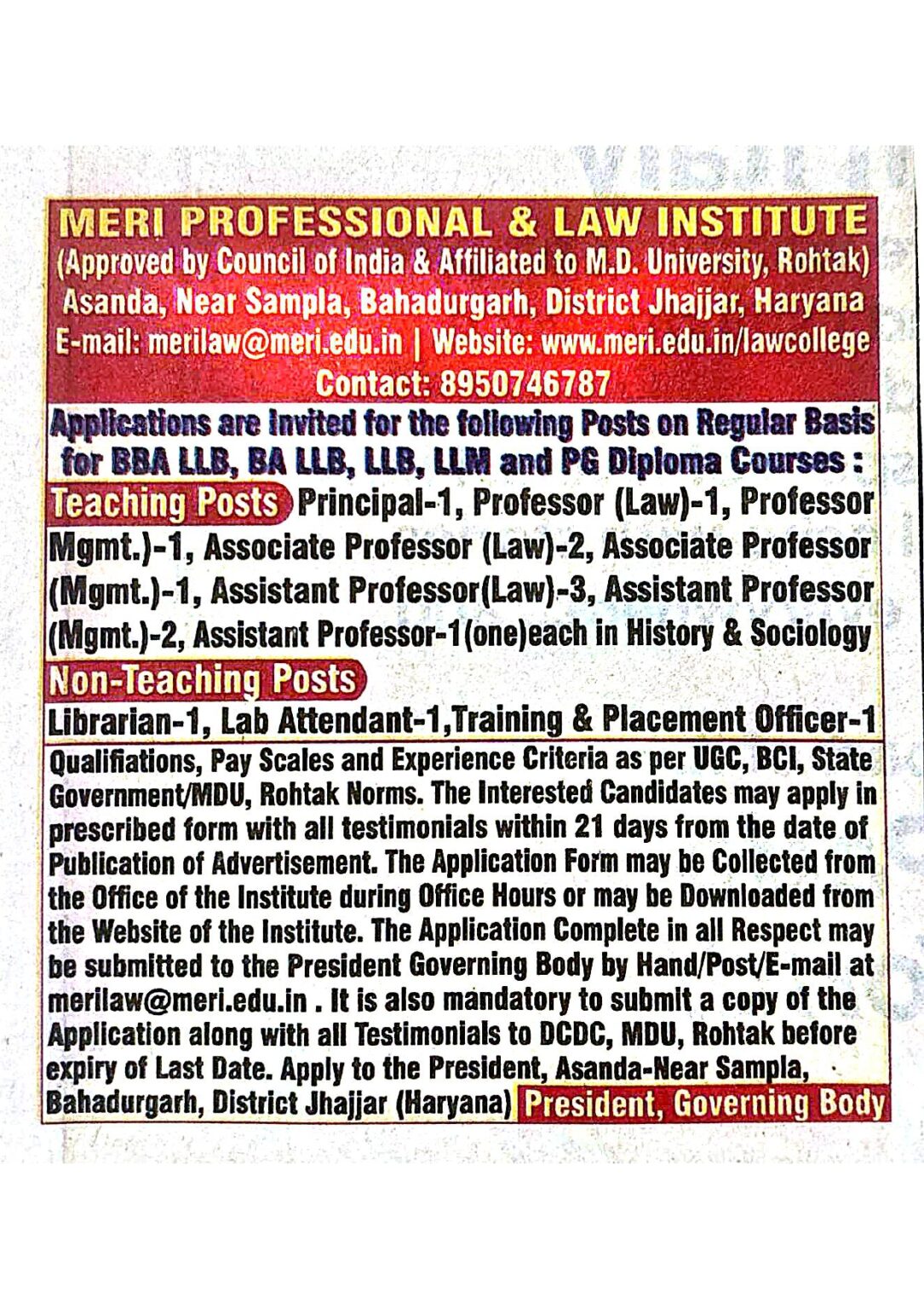 Career at MERI Professional and Law Institute